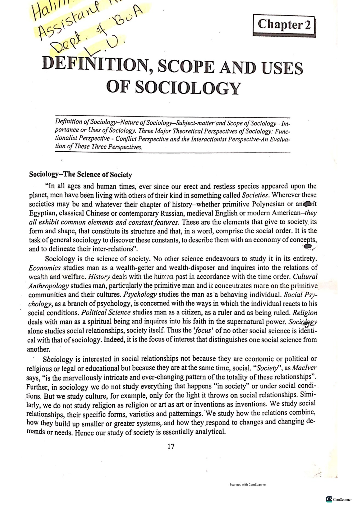 BUA Chapter 2: Definition, Scope, and Uses of Sociology - Studocu