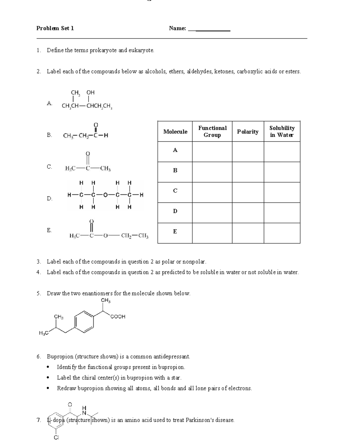 Biochemistry Problem Set 1: Functional Groups & Molecular Structures ...