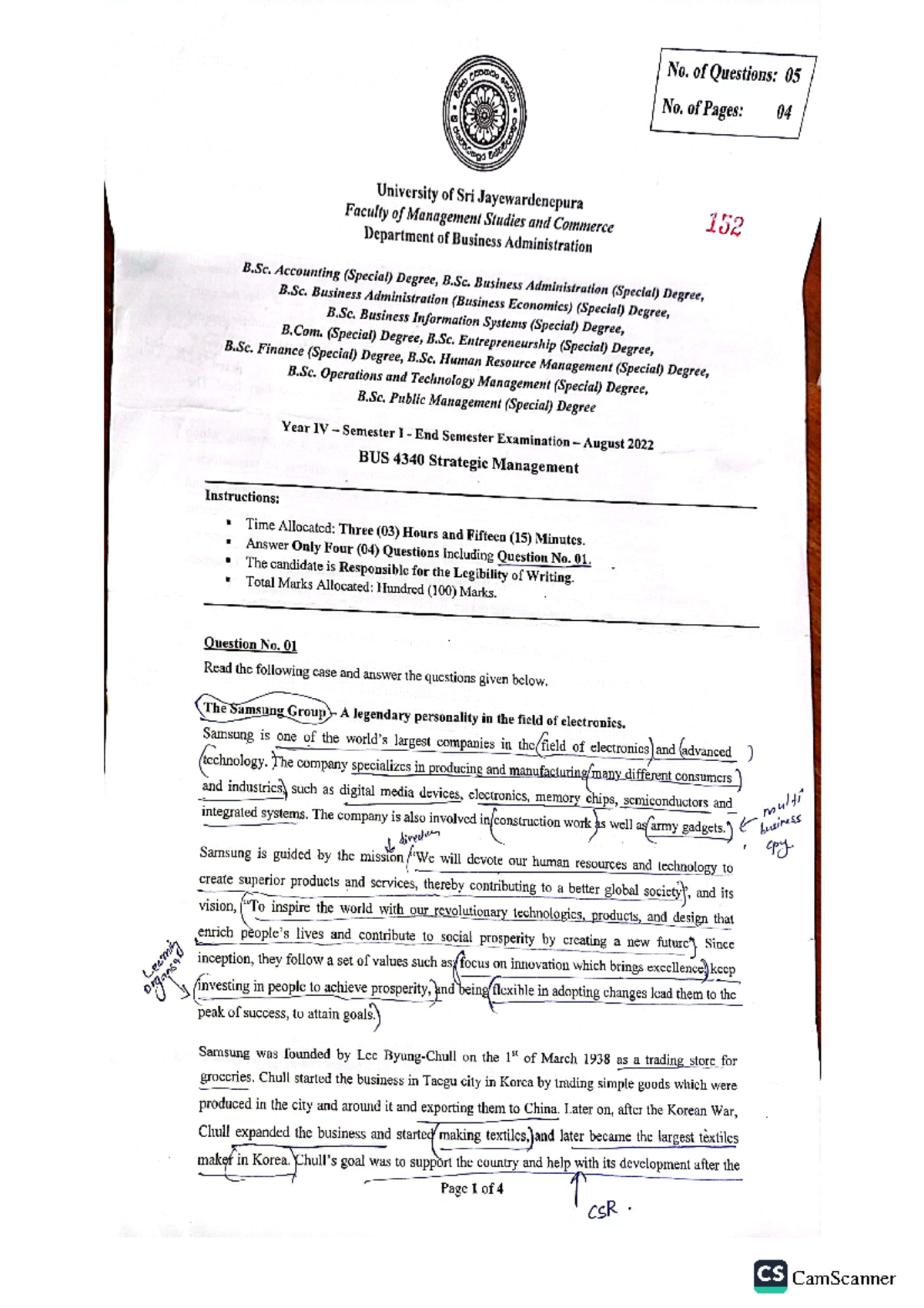 SM 2022 - past paper - COOKOO No. of Questions: 05 No. of Pages: 04 ...