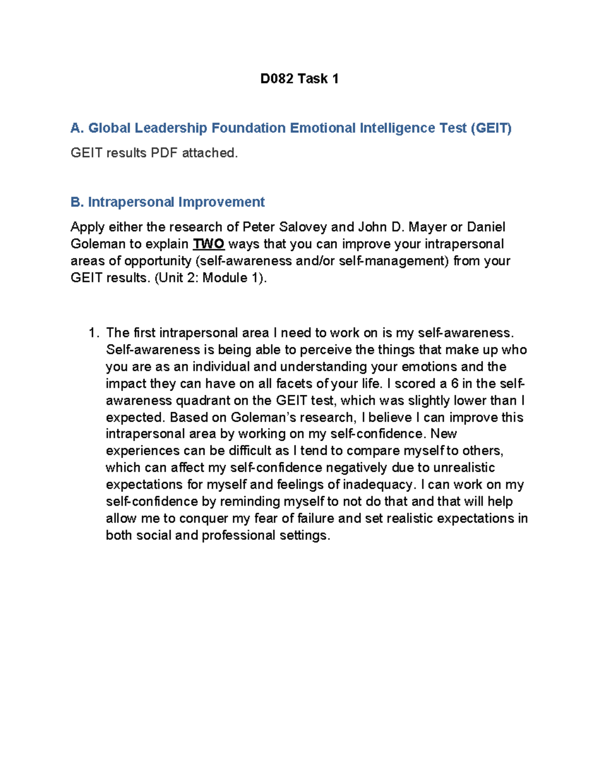 D082 Task 1: Enhancing Emotional Intelligence through GEIT Insights ...