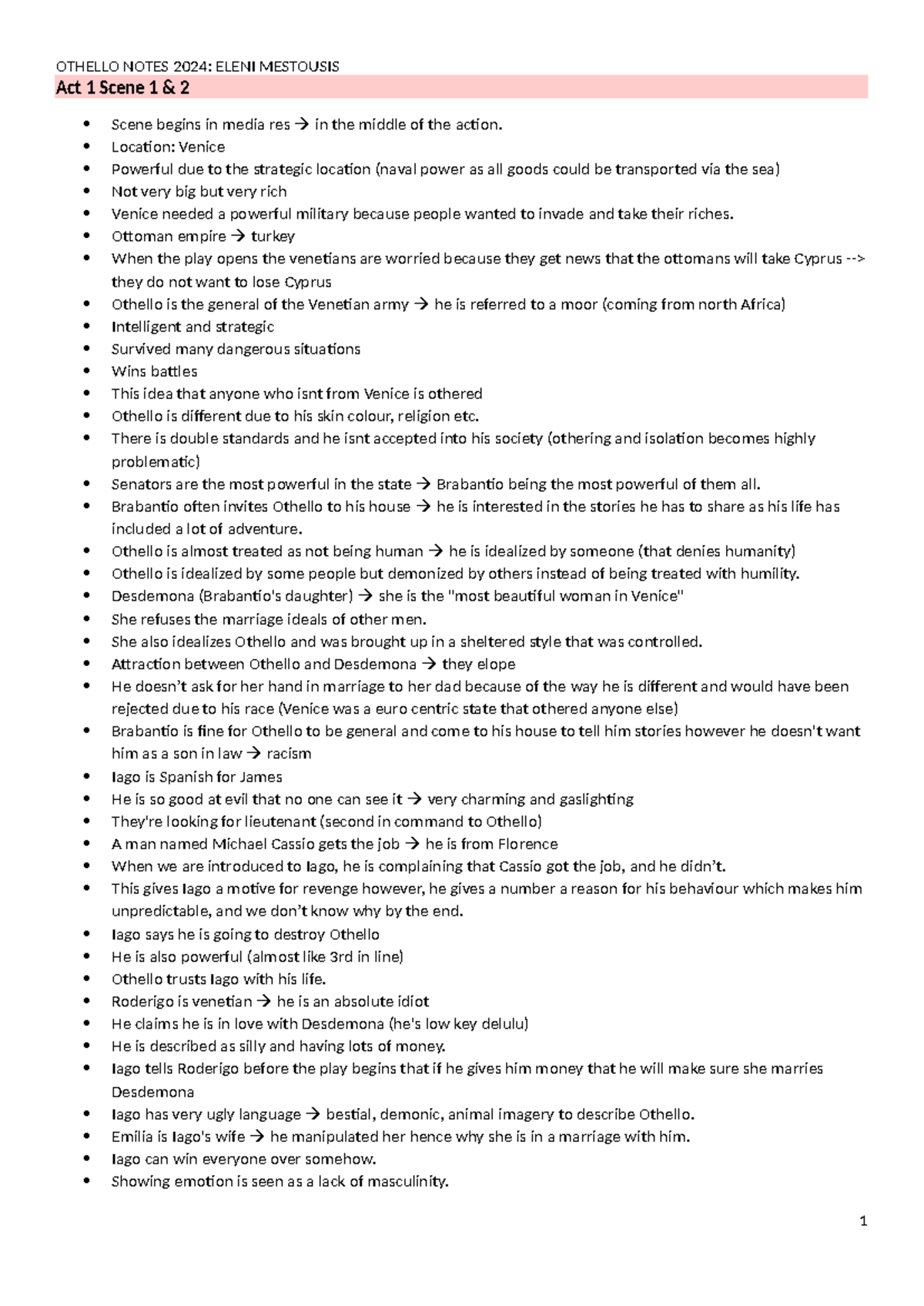 Othello notes 24 - .................. - Act 1 Scene 1 & 2 Scene begins ...