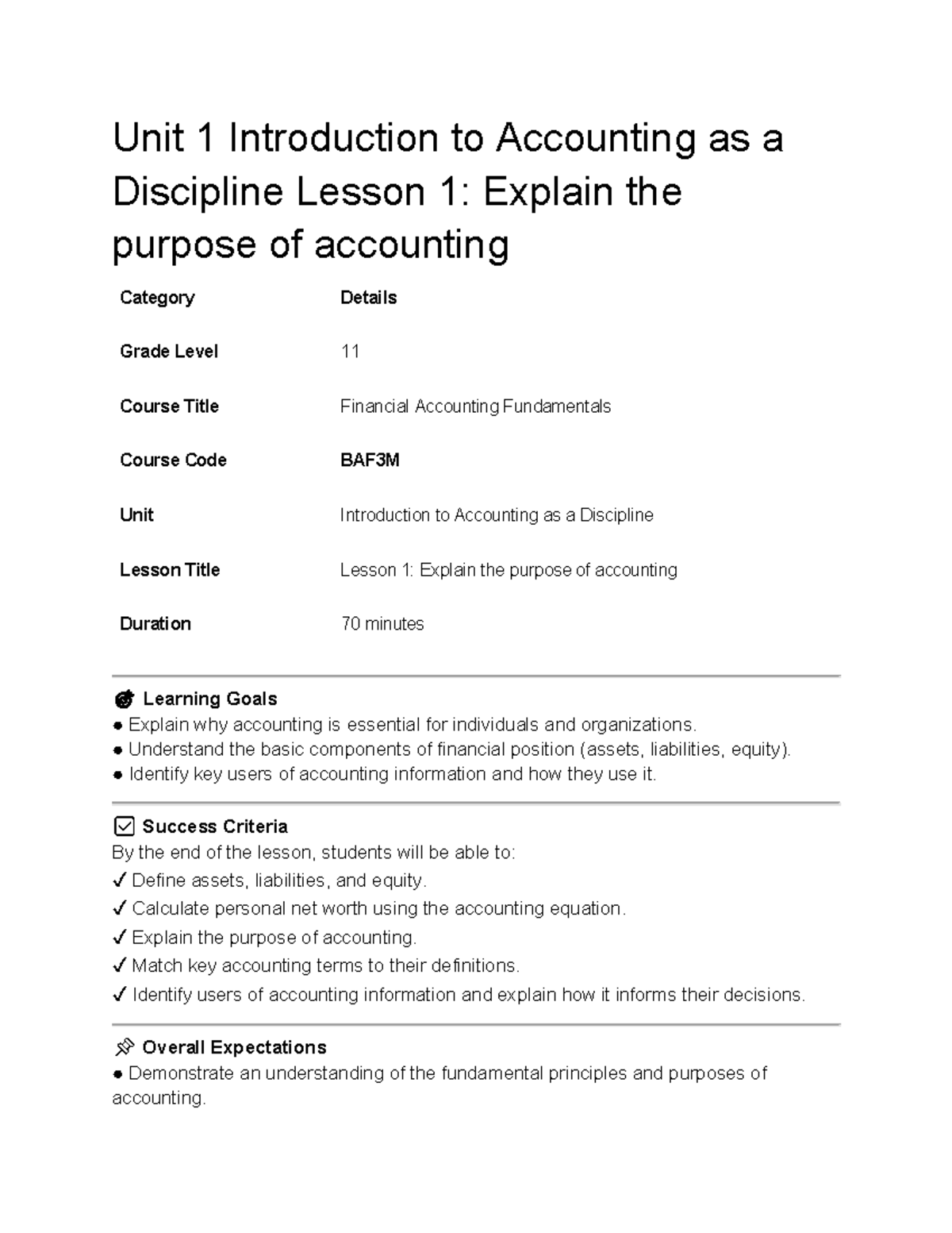 BAF3M Unit 1: Intro to Accounting - Lesson 1 Overview & Goals - Studocu