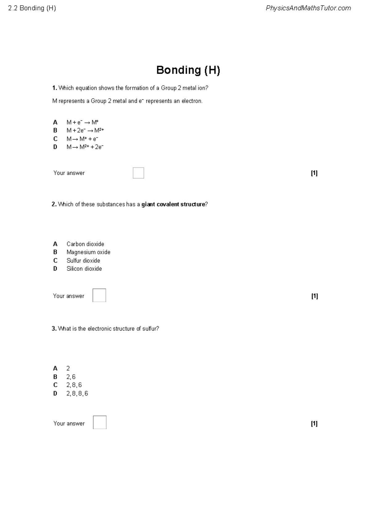2.2 Bonding (H) Question Paper - Physics and Chemistry Concepts - Studocu