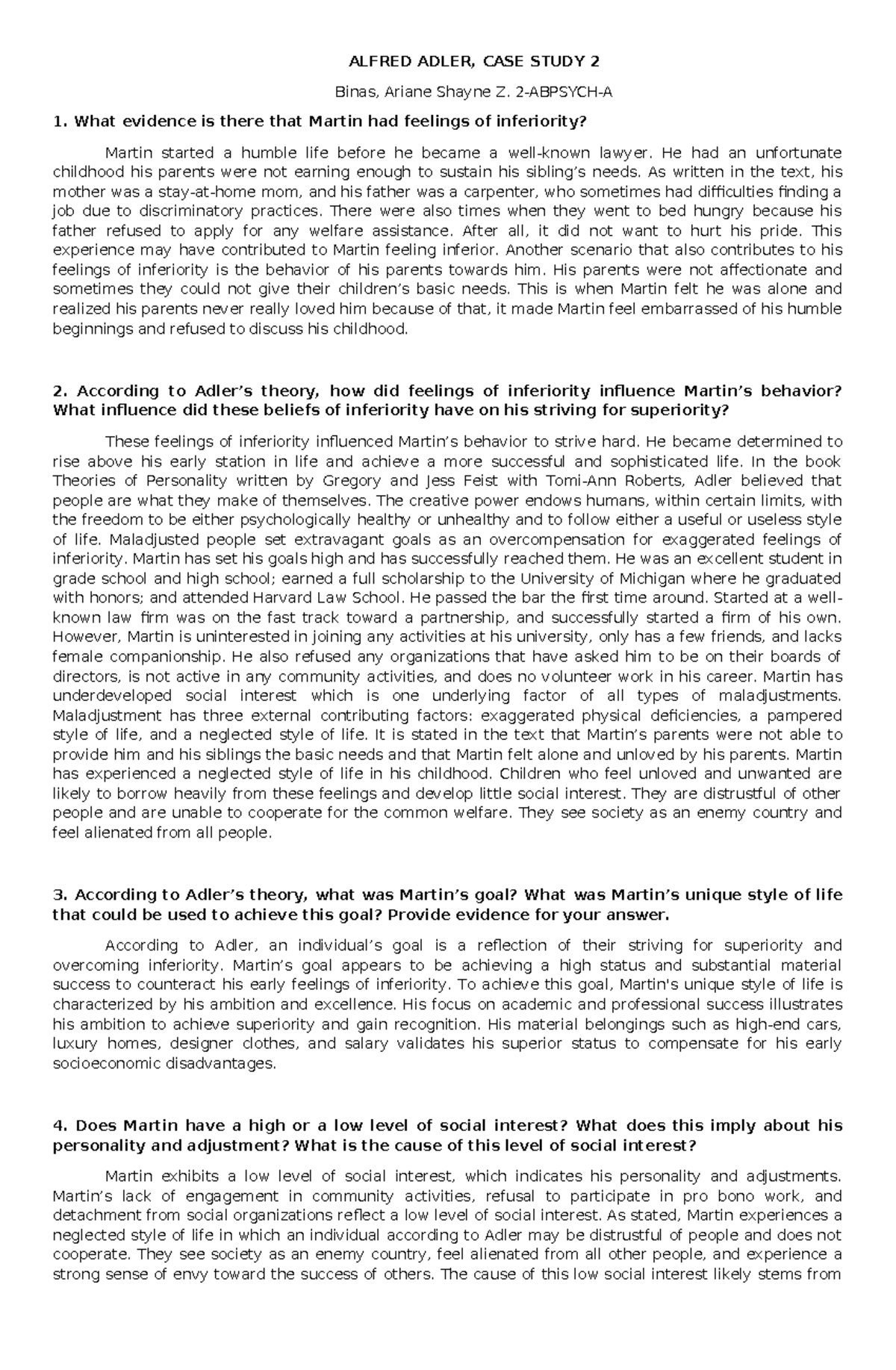 Adler Case Study 2: Exploring Martin's Feelings of Inferiority - Studocu