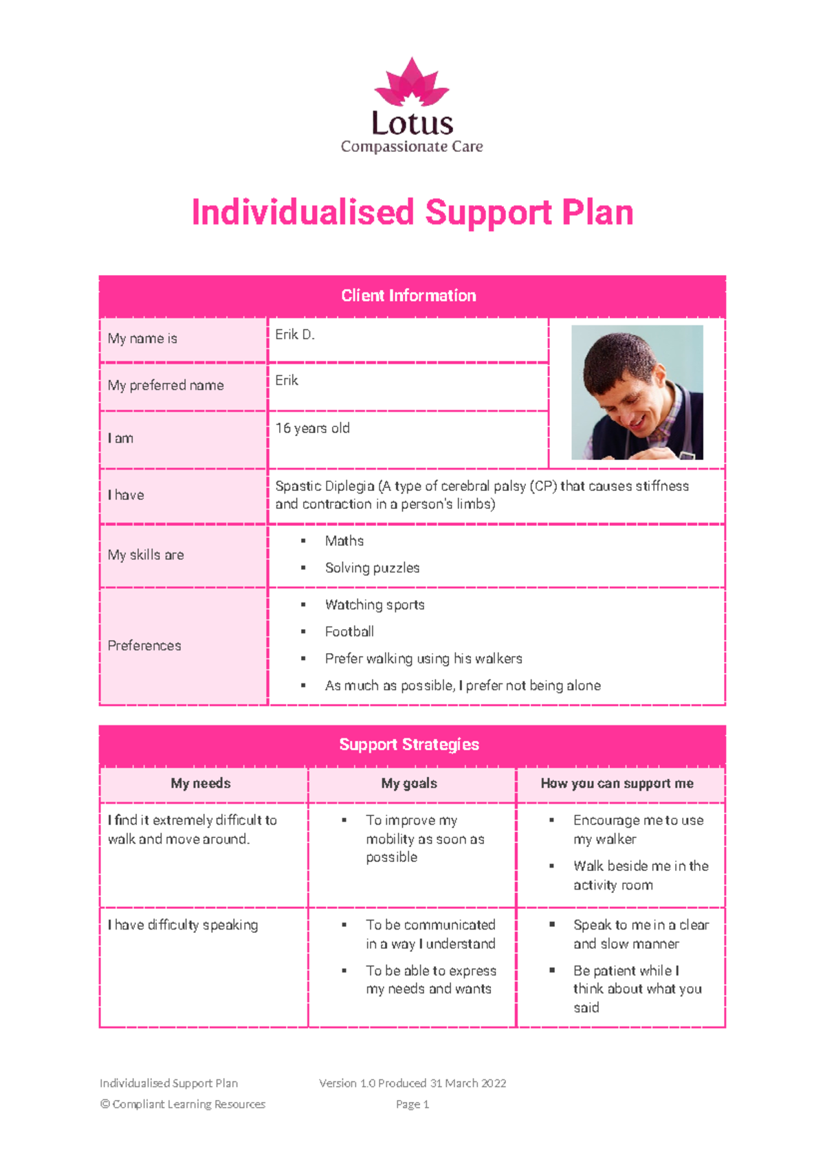 Individualised Support Plan for Erik D. (Version 1.0) - Studocu