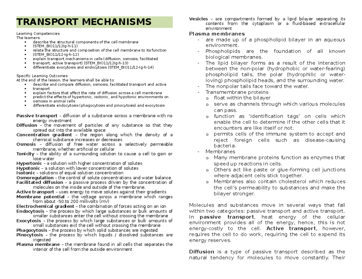 STEM_BIO11/12 Transport Mechanism Notes and Key Concepts - Studocu