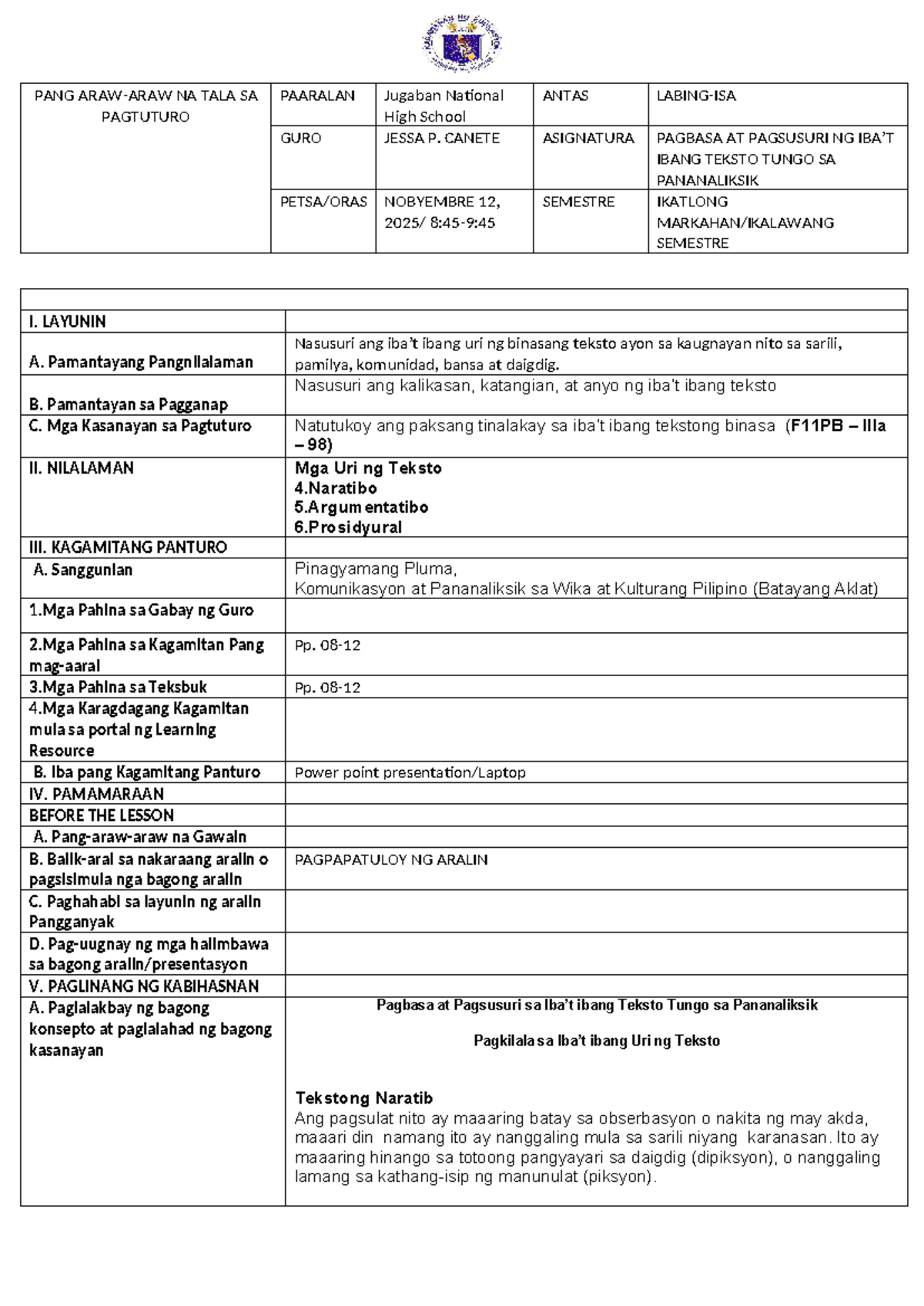 PANG NA TALA SA PAGTUTURO: LESSON PLAN (F11PB 98) - Studocu