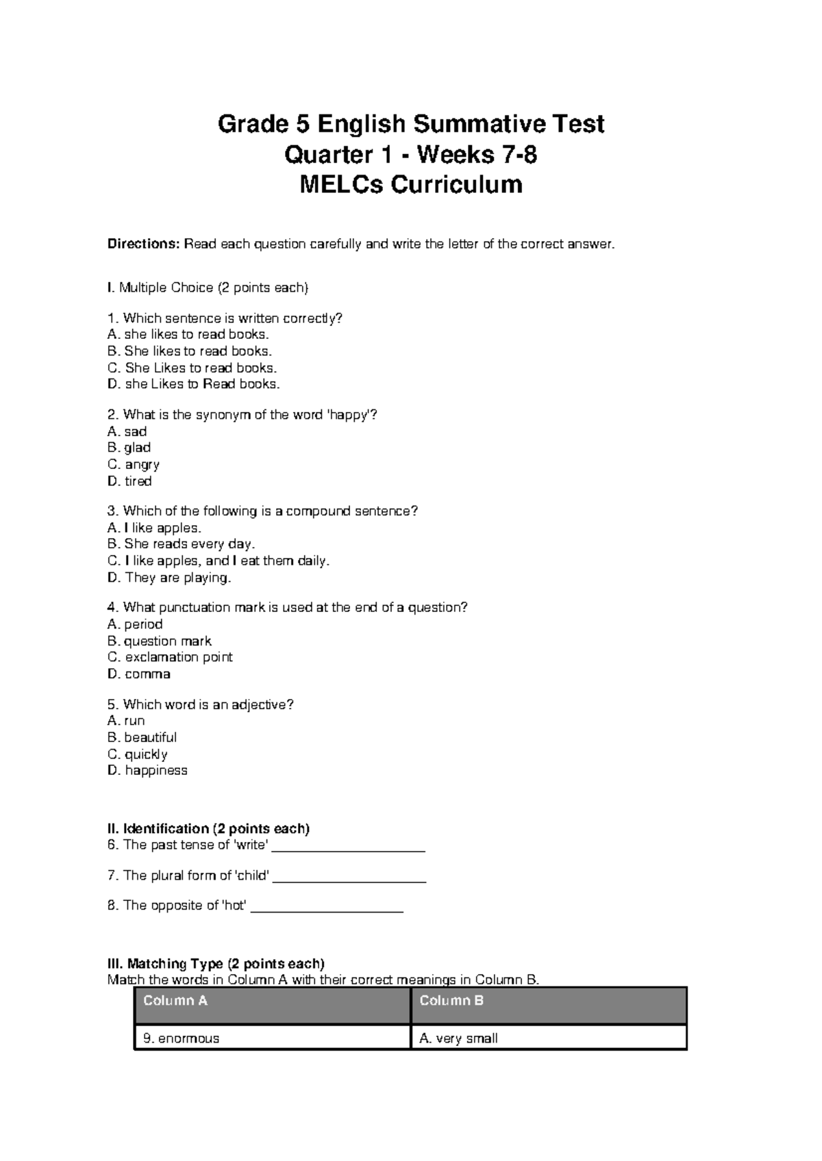 Grade 5 English Summative Test Q1 Weeks 7-8 - Studocu