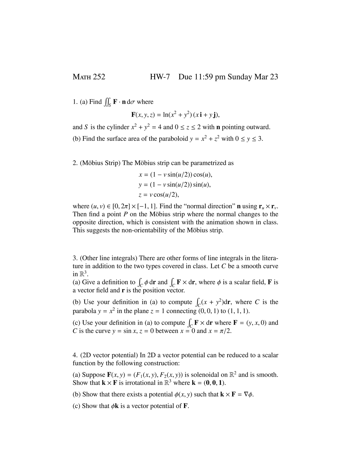 HW-7-Math 252 - Surface Integrals & Line Integrals Problems - Studocu