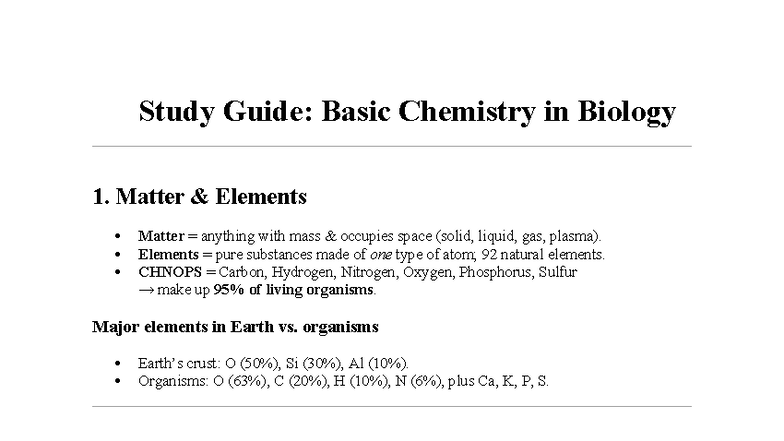 Study Guide: Basic Chemistry for Biology (Final Exam Notes) - ⭐ Study ...