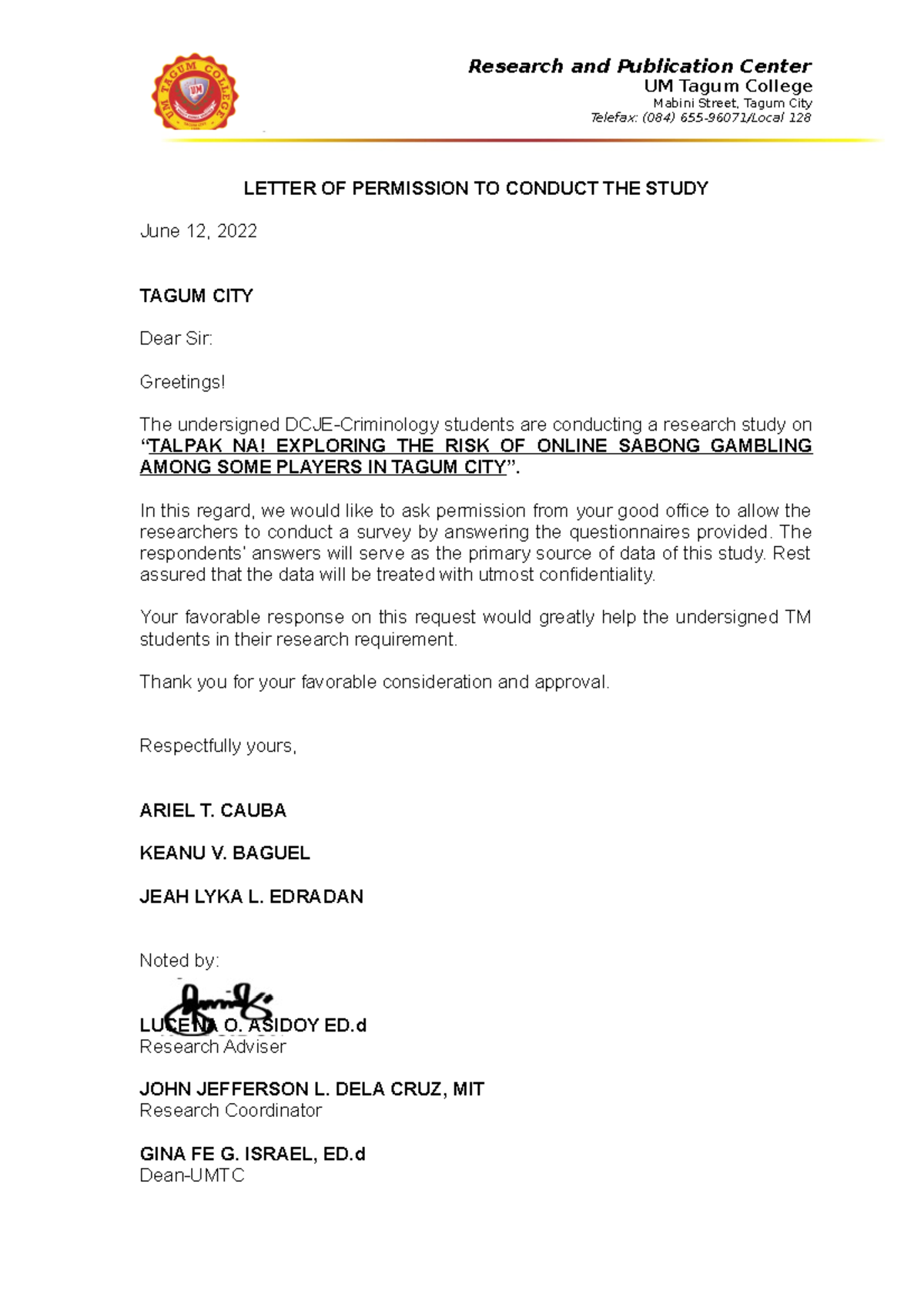 12 Letter of Permission for DCJE Study on Online Sabong Risks - Studocu