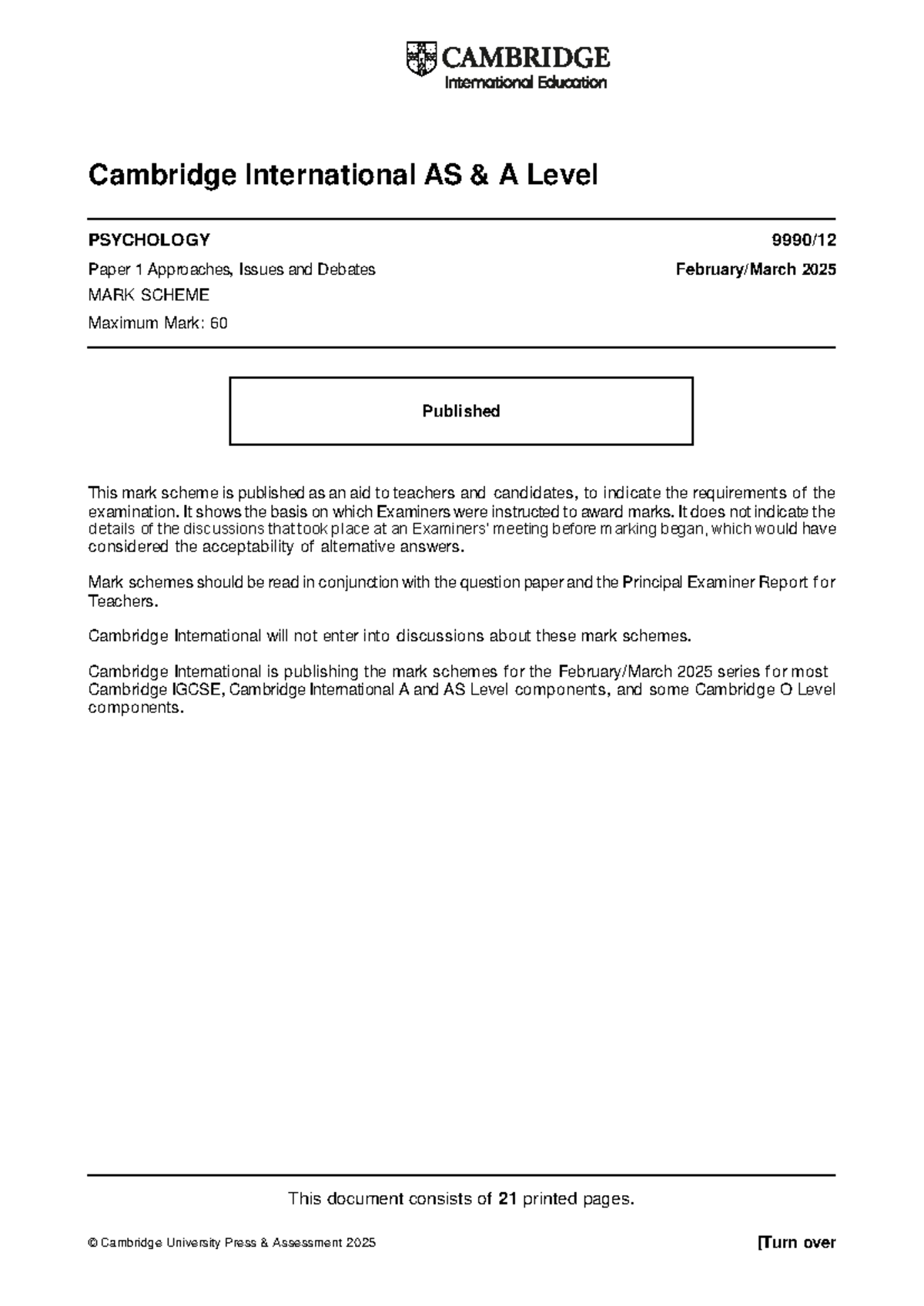 Cambridge International AS A Level PSYCHOLOGY 9990 Paper 1 Mark Scheme ...