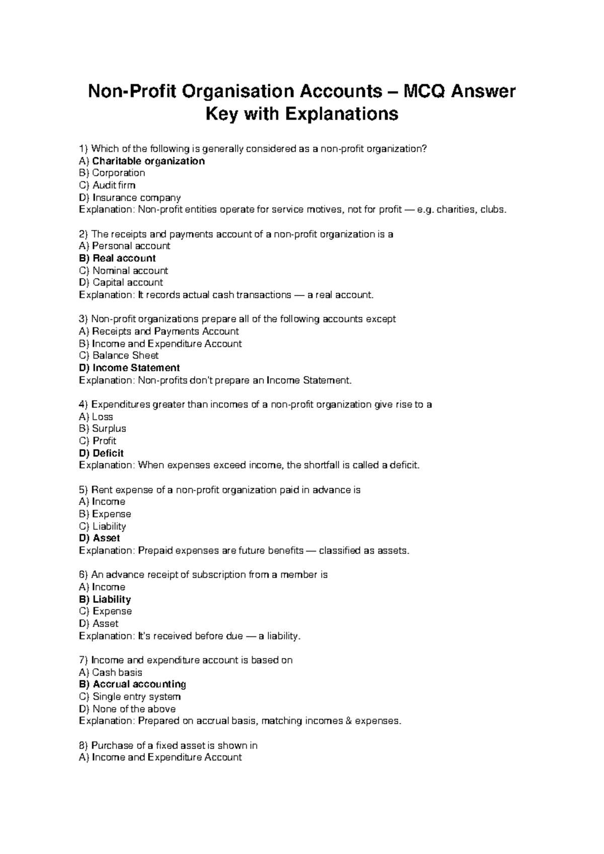 Non Profit Organisation Accounts MCQ Answer Key with Explanations - Studocu
