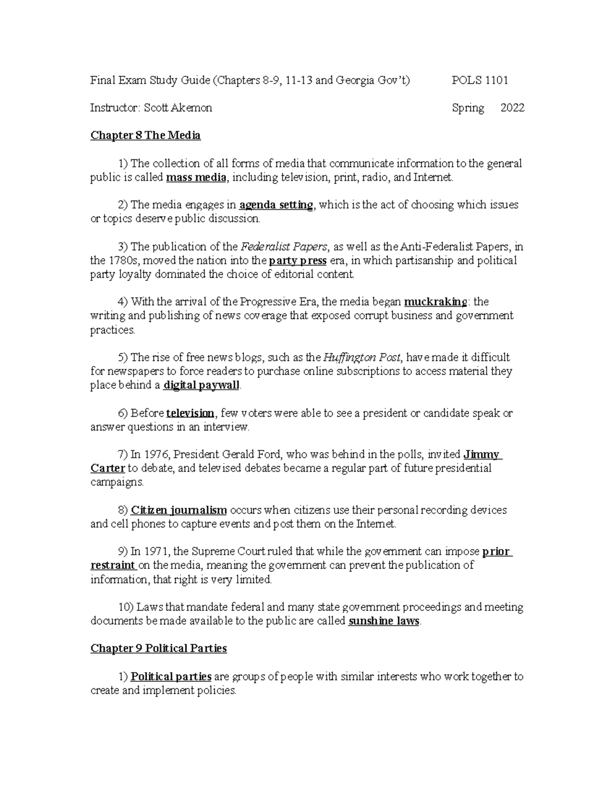 POLS 1101 Study Guide Final Exam (Chapters 8-9, 11-13 and GA Gov't ...
