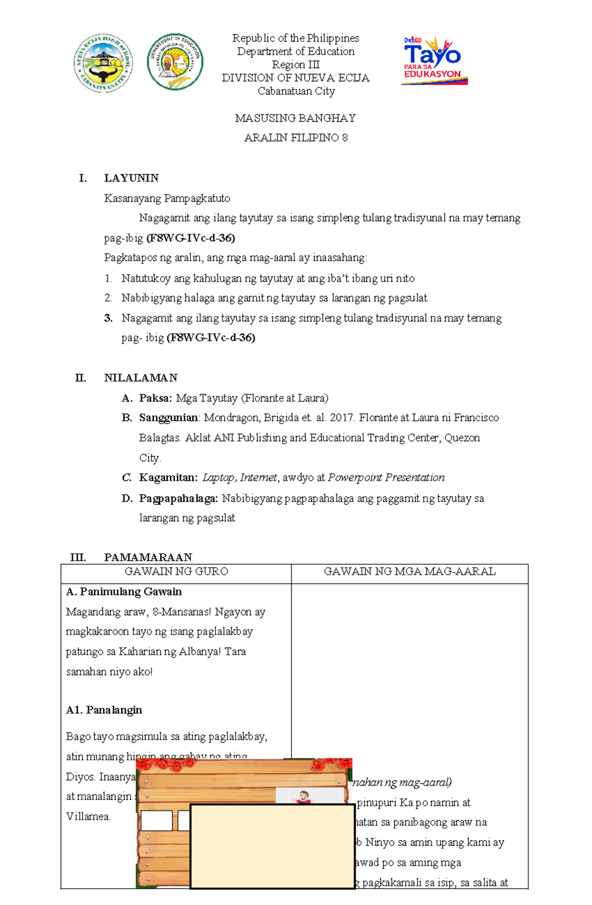 Final Lesson Plan on Tayutay for ARALIN FILIPINO 8 - Studocu