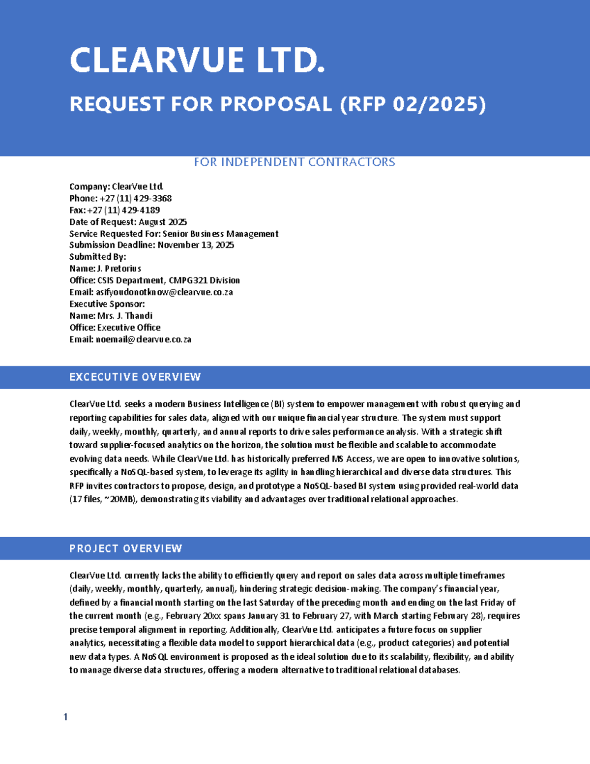 RFP for BI System Design: ClearVue Ltd. (CMPG321) - Studocu
