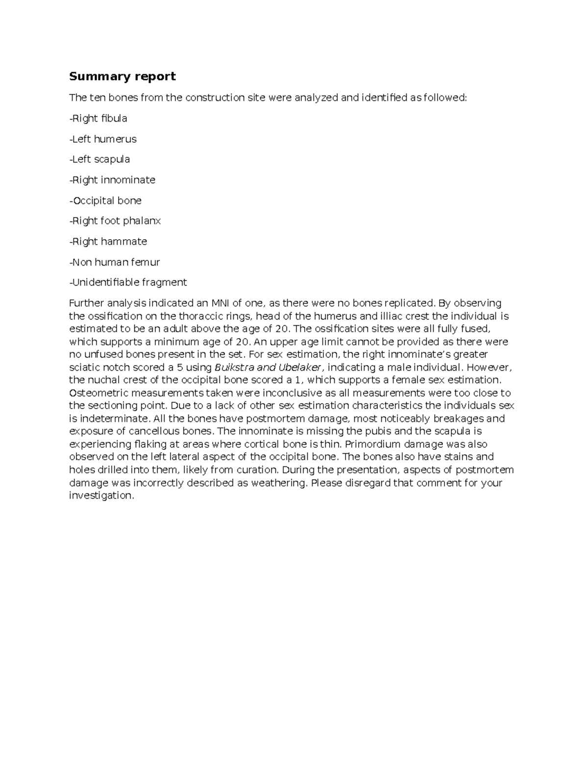BIOA201 SS Summary Report: Analysis of Ten Bones from Construction Site ...