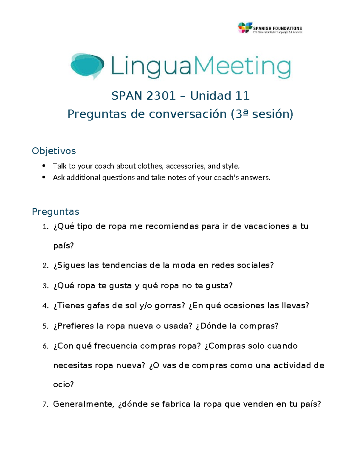 SPAN 2301 Unidad 11: Preguntas de Conversación sobre Moda y Estilo ...