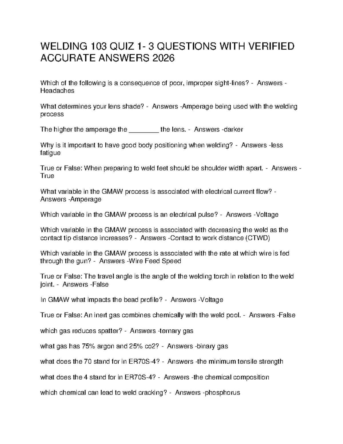 WELDING 103 QUIZ 3: Verified Questions & Accurate Answers 2026 - Studocu