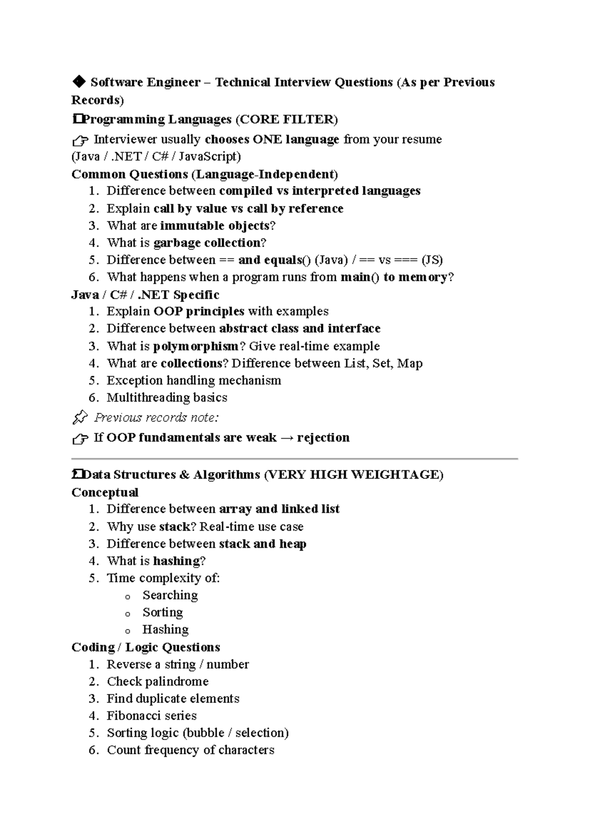 Software Engineering Interview Questions & Concepts (ENGG 101) - Studocu