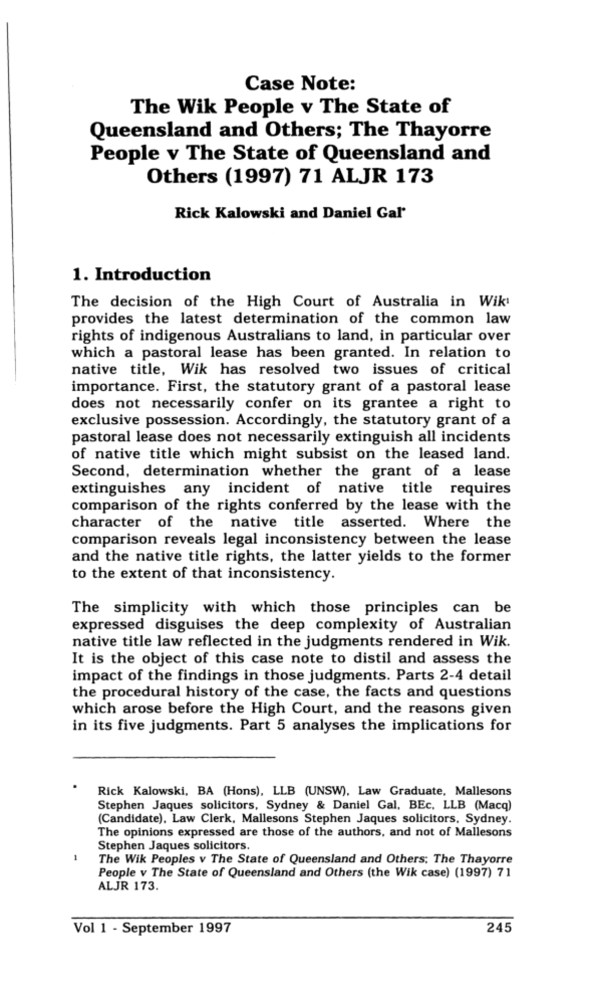 Case Note Analysis: The Wik Peoples v The State of Queensland (1997 ...