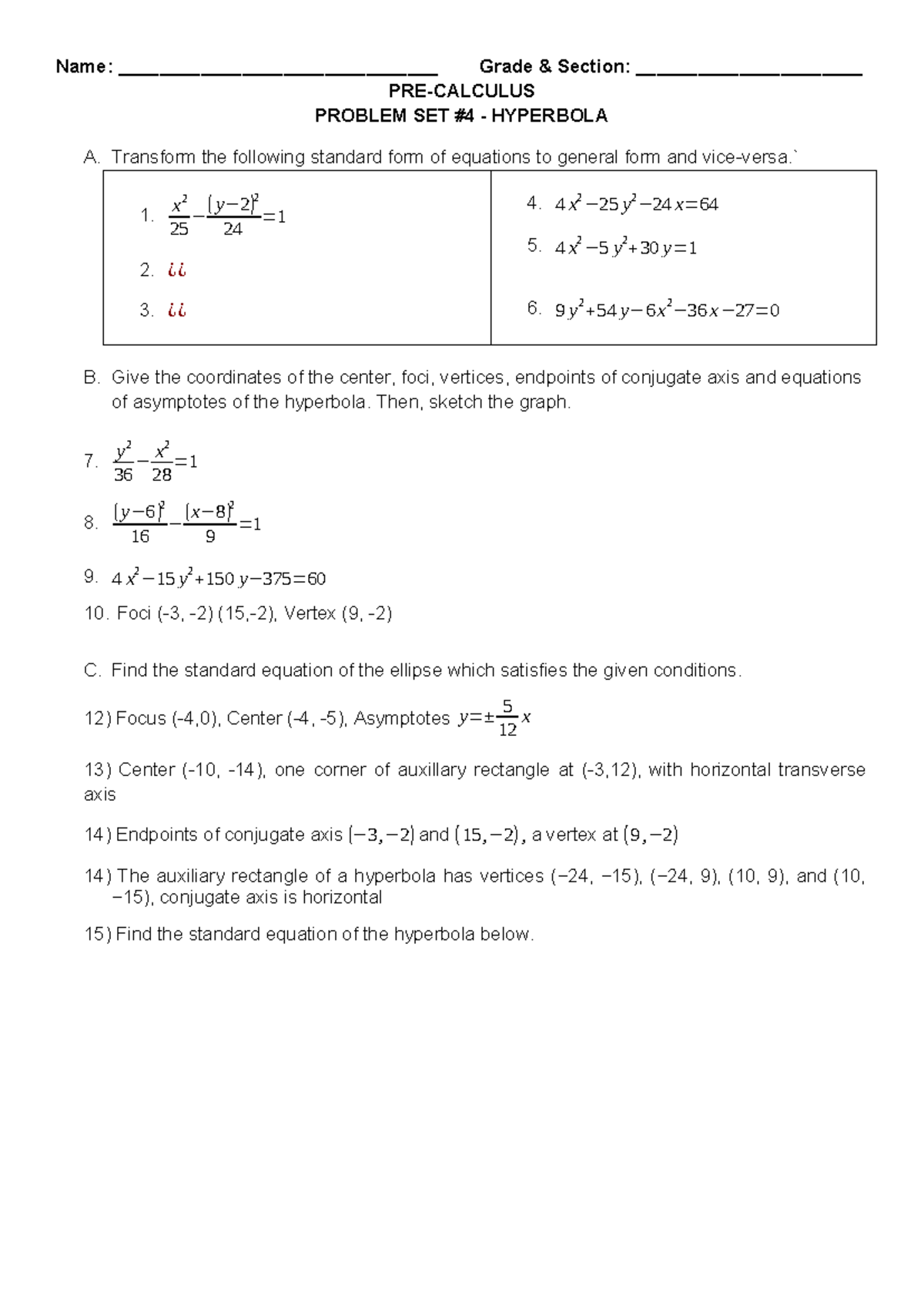 Pre-calculus Problem Set #4 Hyperbola - Name ...