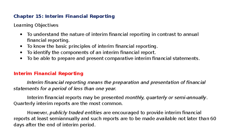 Chapter 15: Interim Financial Reporting Overview and Key Concepts - Studocu