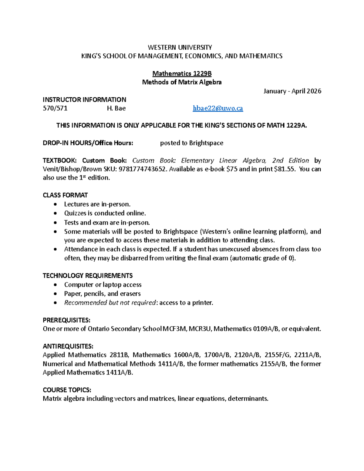 Math 1229B Winter 2026: Matrix Algebra Course Outline - Studocu