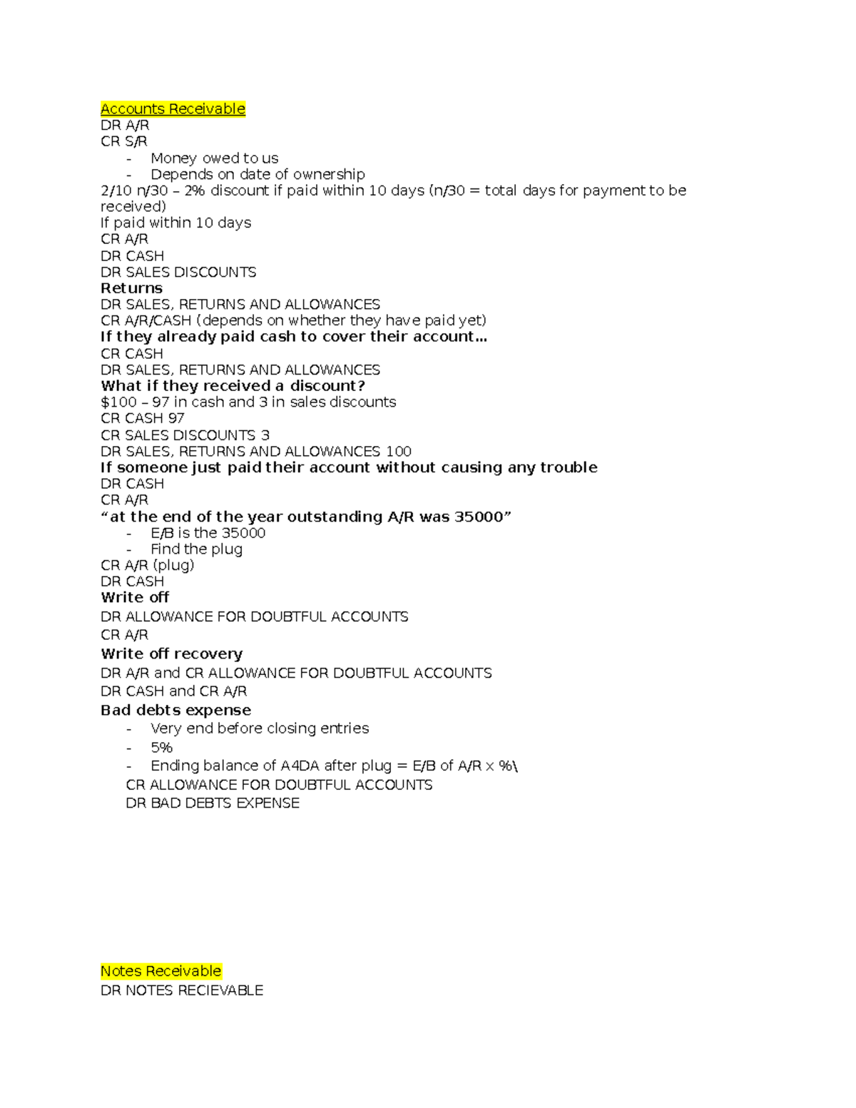 Accounts Receivable - notes - Accounts Receivable DR A/R CR S/R Money ...