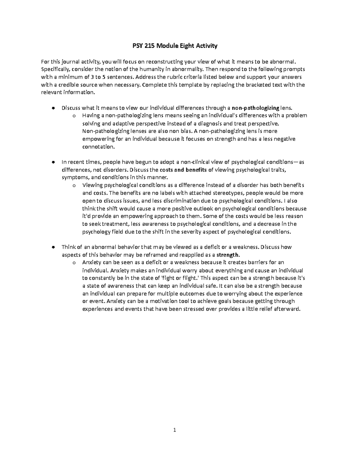 PSY 215 Module Eight Activity - PSY 215 Module Eight Activity For this ...