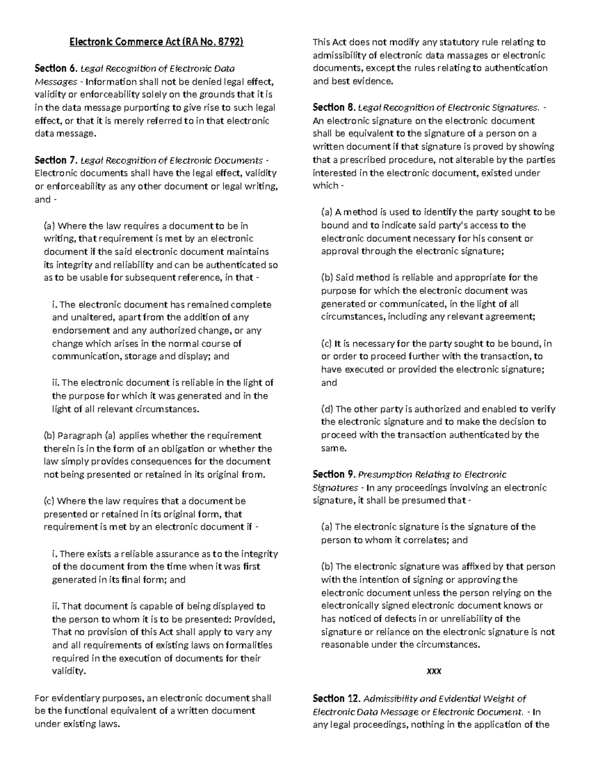 BRIEF on Electronic Commerce Act RA No. 8792: Legal Recognition of E ...