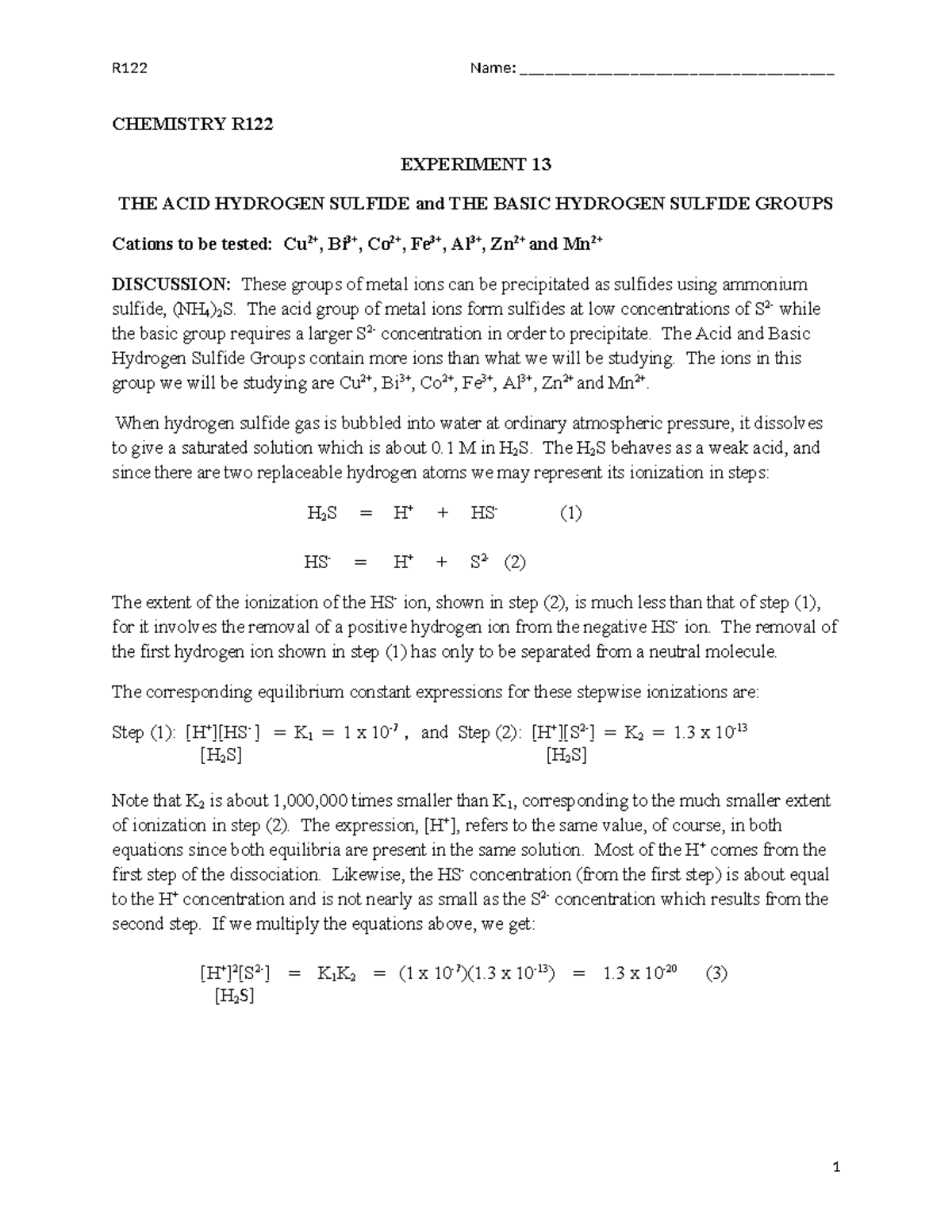 Chemistry R122 Experiment 13: Analysis of Acid & Basic H2S Groups - Studocu