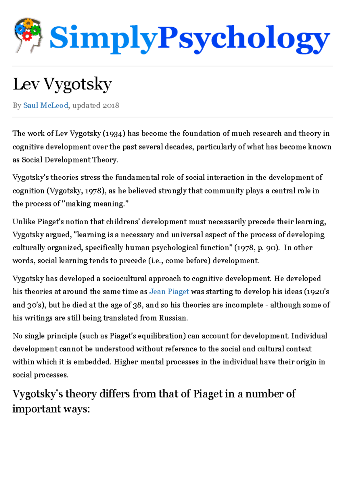 Vygotsky's Social Development Theory: Psychology Notes - Studocu