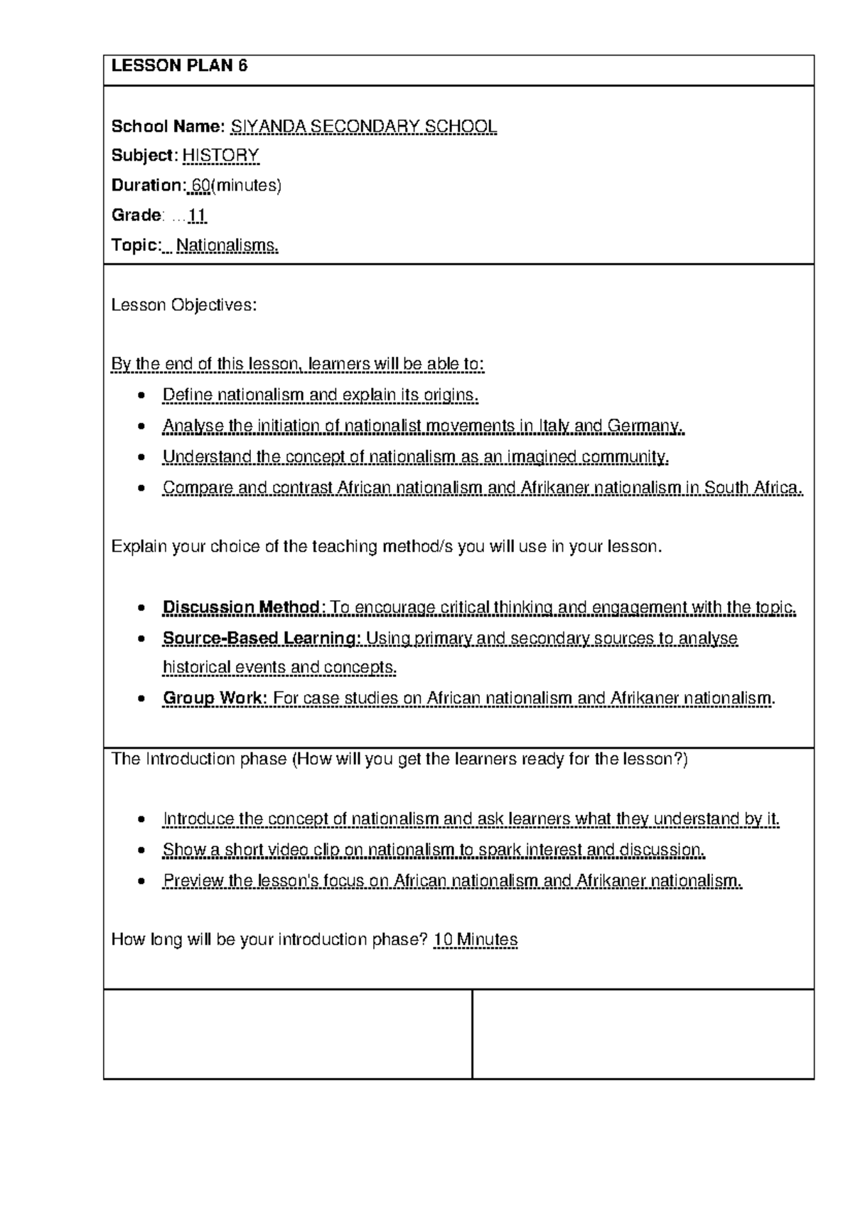 HISTORY LESSON PLAN 6: Understanding Nationalisms at Siyanda Secondary ...