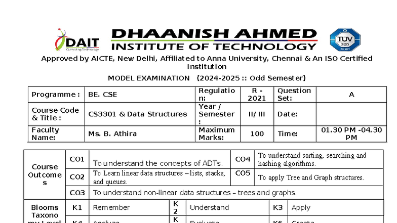 CS3301 Data Structures Model Exam Questions - Odd Semester - Studocu