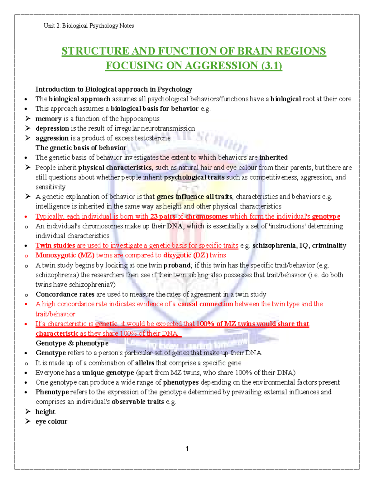 Unit 2: Biological Psychology Notes on Brain Structure & Aggression (3. ...