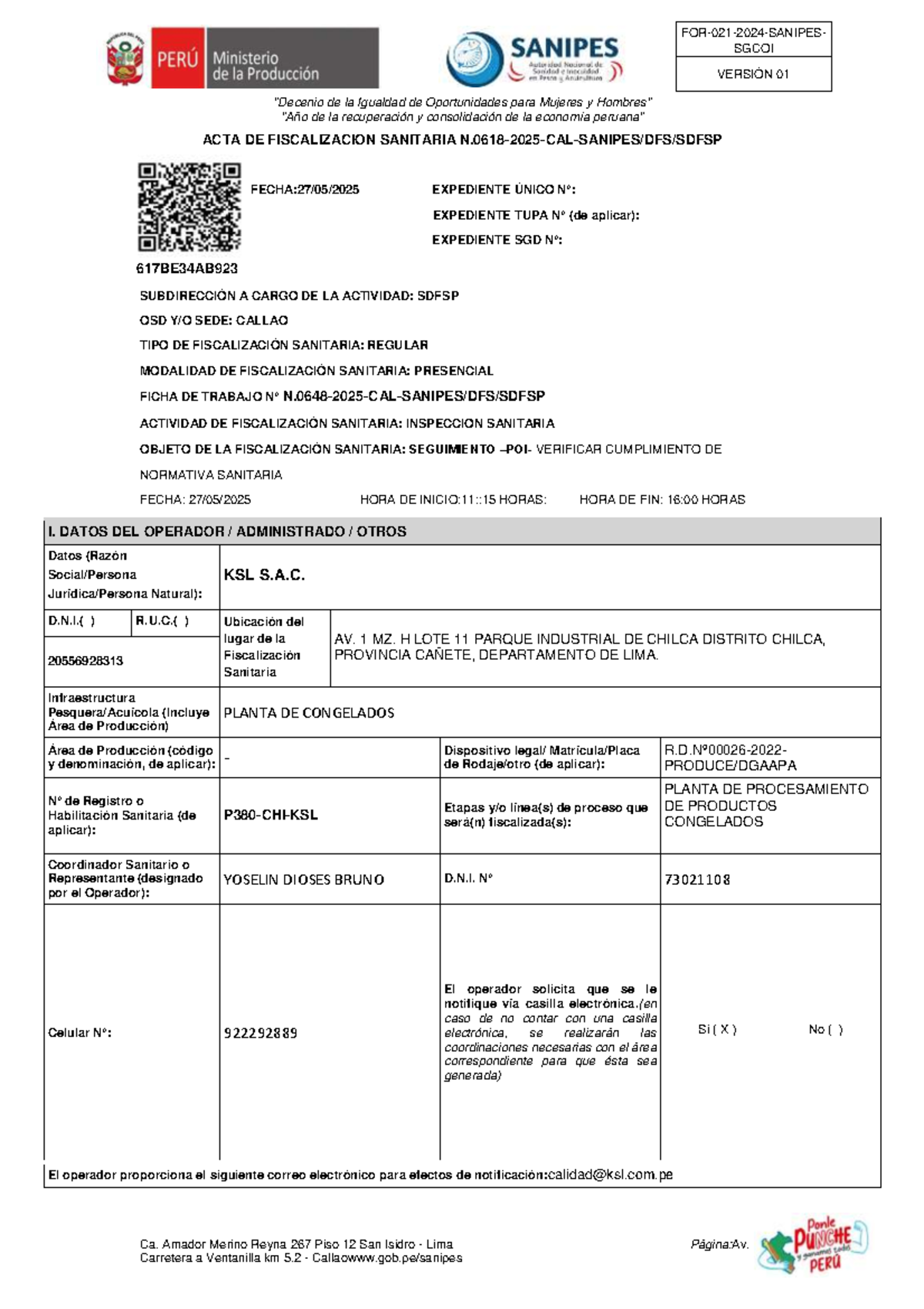 Acta de Fiscalización Sanitaria AFS 0618-2025-CAL KSL SAC - Studocu