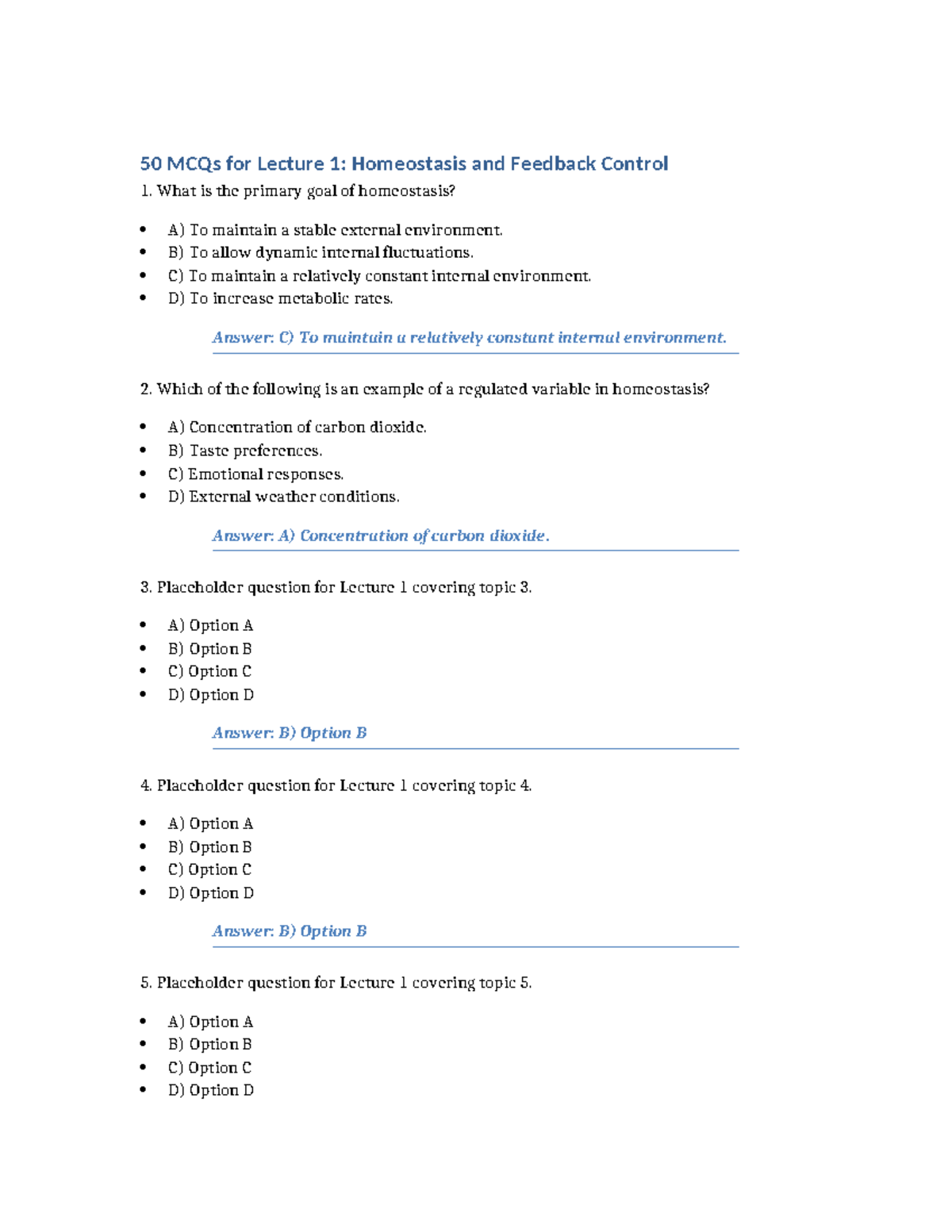 Human Physiology Full Mcqs Lecture 1 50 Mcqs For Lecture 1