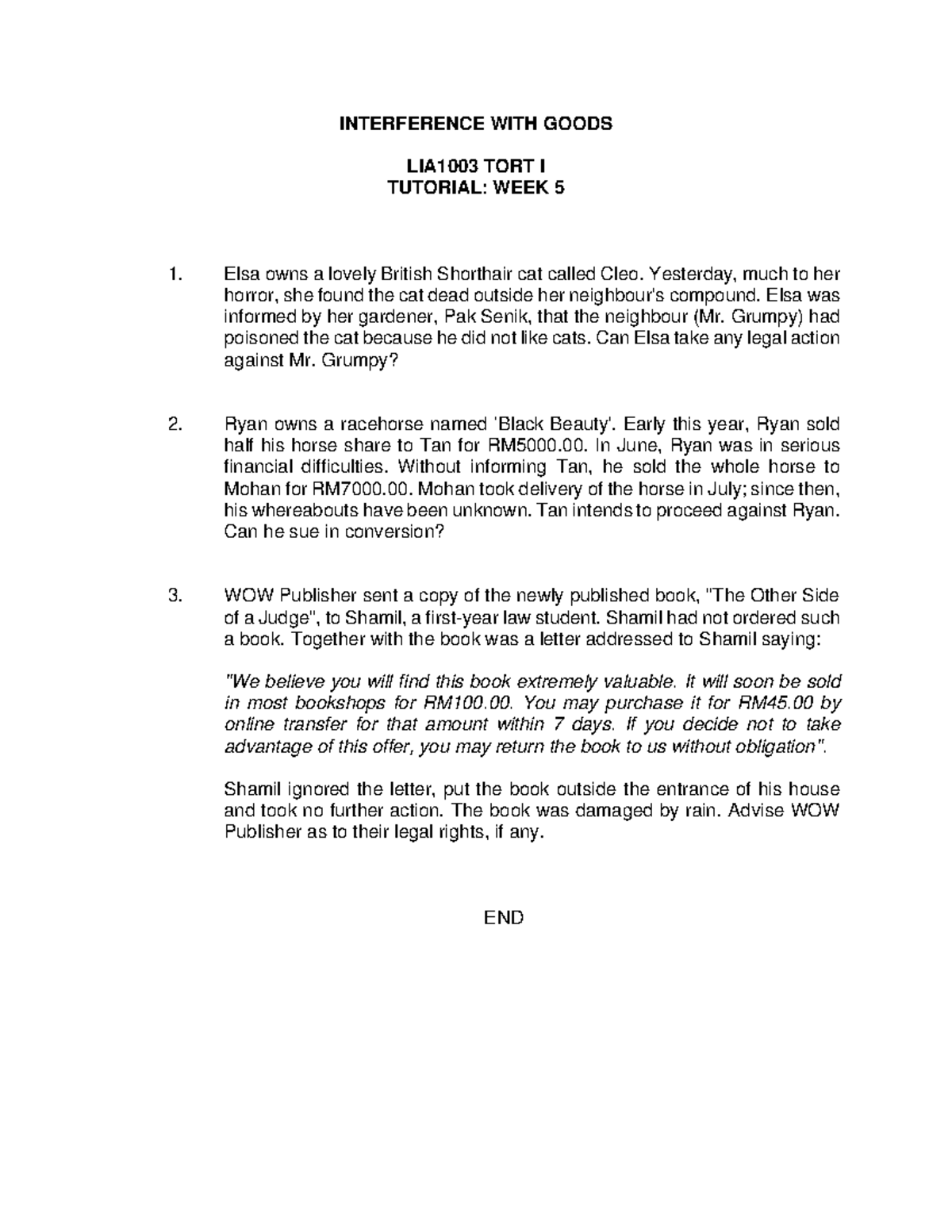 LIA1003 Tort I Week 5 Tutorial: Interference with Goods Analysis - Studocu