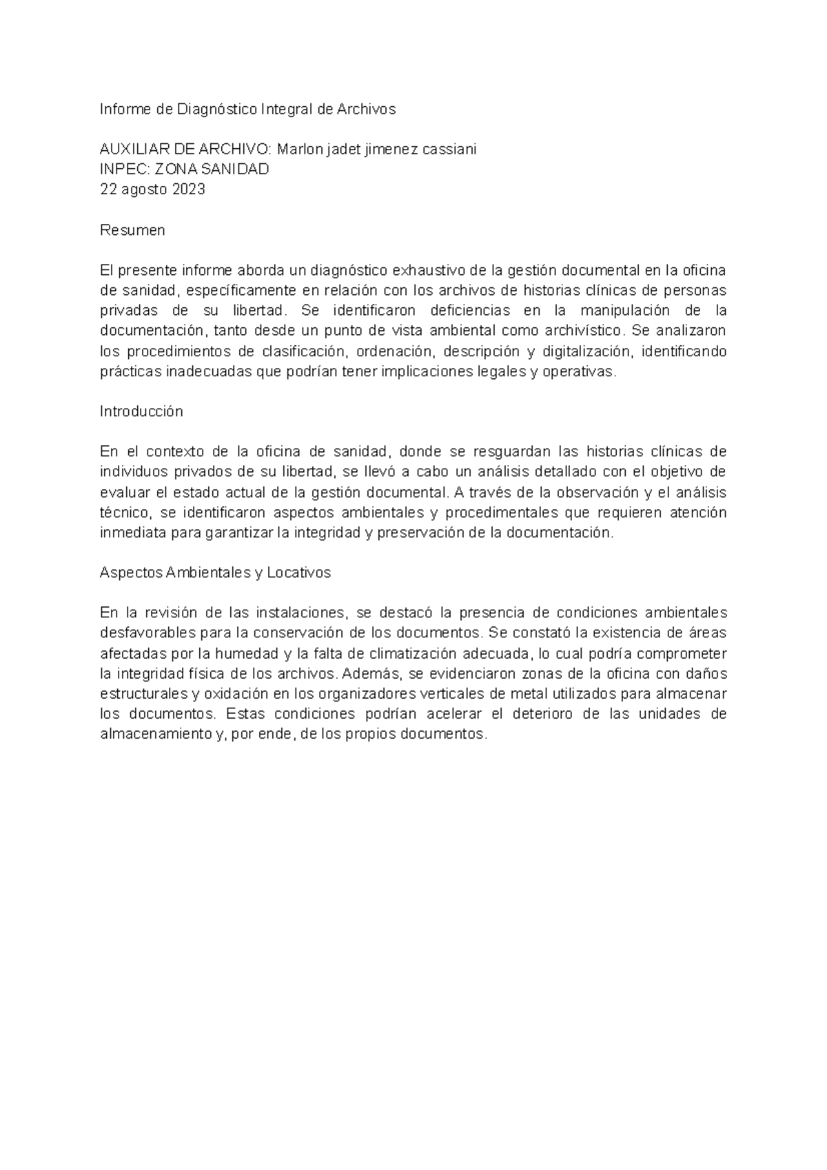 Informe de Diagnóstico Integral de Archivos - Informe de Diagnóstico ...