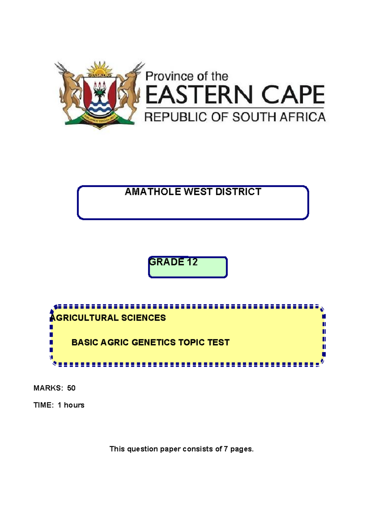 Grade 12 Agricultural Sciences: Basic Genetics Topic Test - Studocu