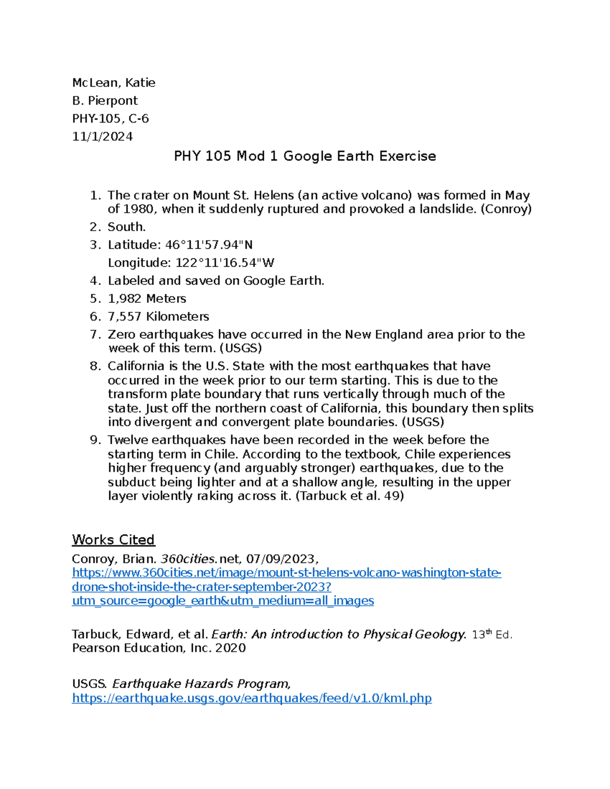 Mod 1 Google Earth Exercise - McLean, Katie B. Pierpont PHY-105, C- 11 ...