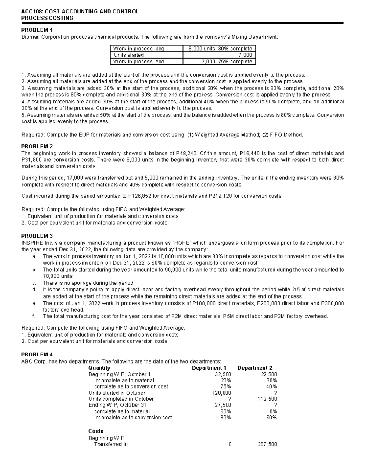 ACC108: Process Costing Exercises with EUP Calculations - Studocu