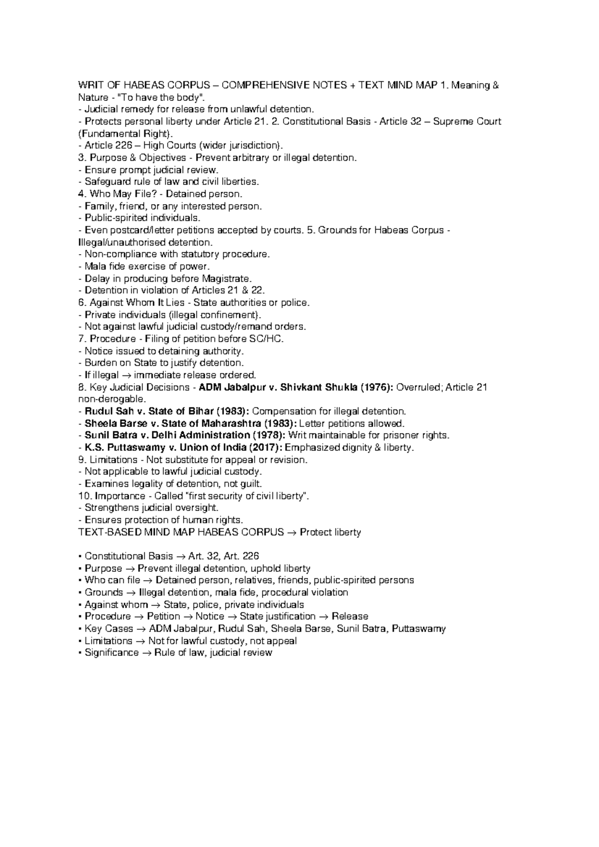 HABEAS CORPUS COMPREHENSIVE NOTES & MIND MAP - Studocu