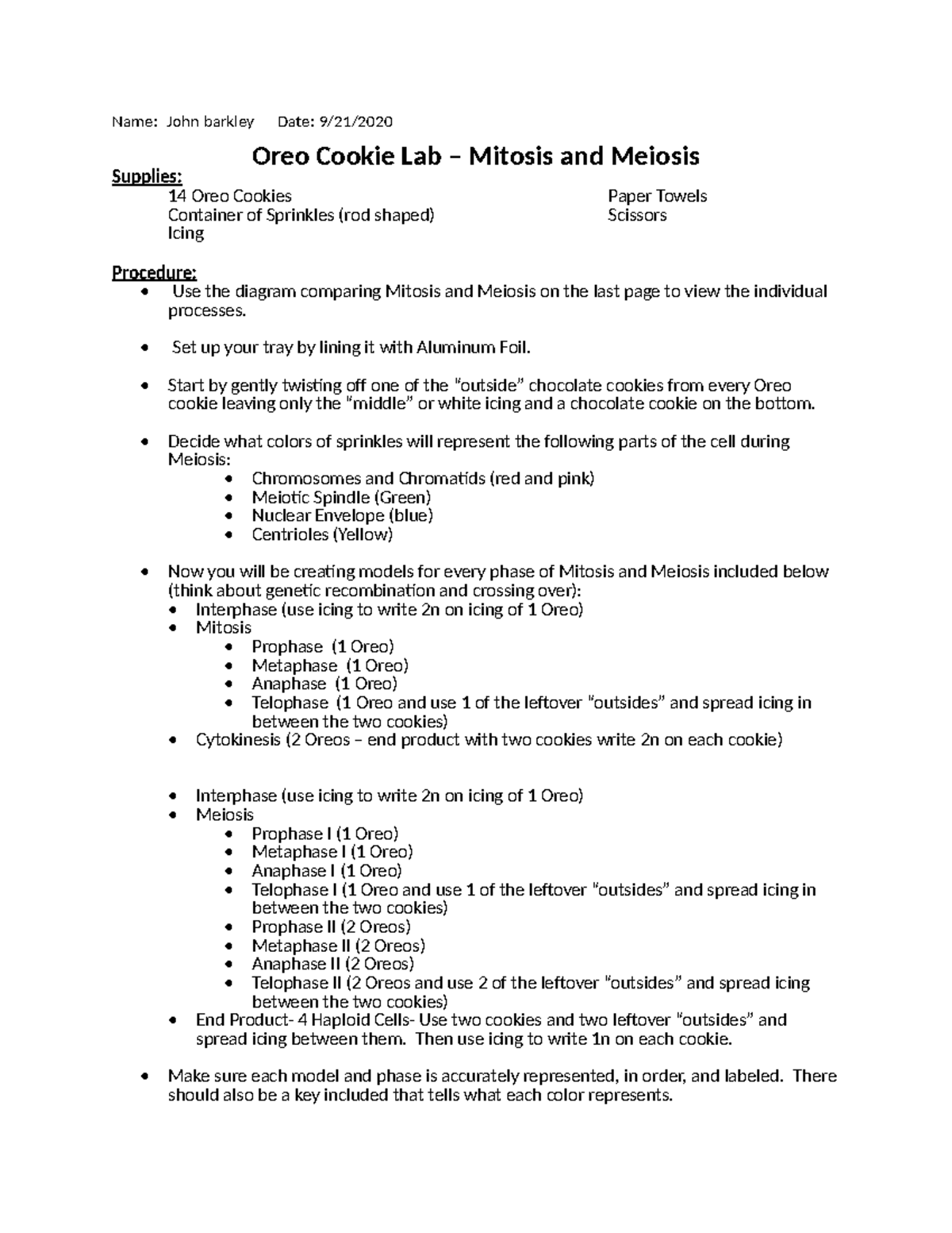 Oreo Cookie Lab: Mitosis & Meiosis Model Creation Guide - Studocu