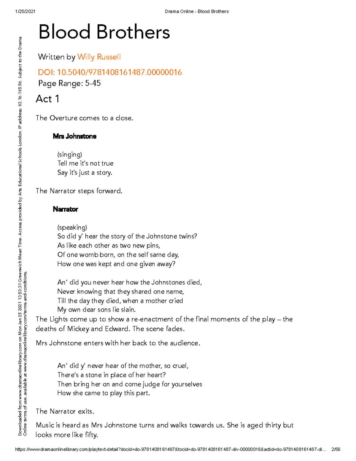 Blood Brothers - Act 1 Summary and Analysis (WRT101) - Studocu