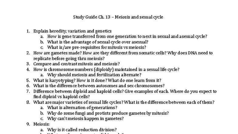 Study Guide for BIOL 101: Ch. 13 Meiosis & Sexual Life Cycle - Studocu