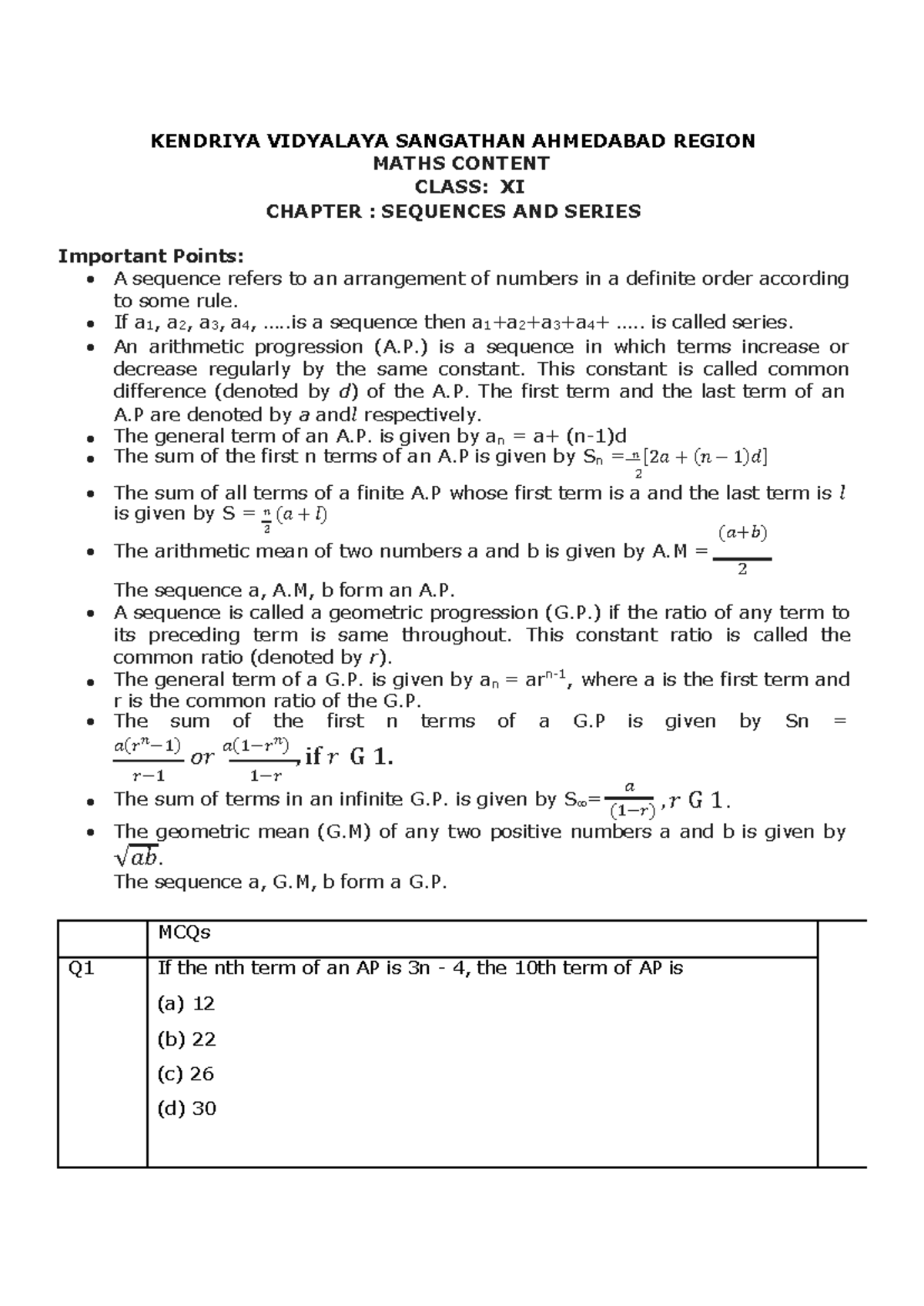KENDRIYA VIDYALAYA SANGATHAN AHMEDABAD REGION MATHS CONTENT CLASS XI ...