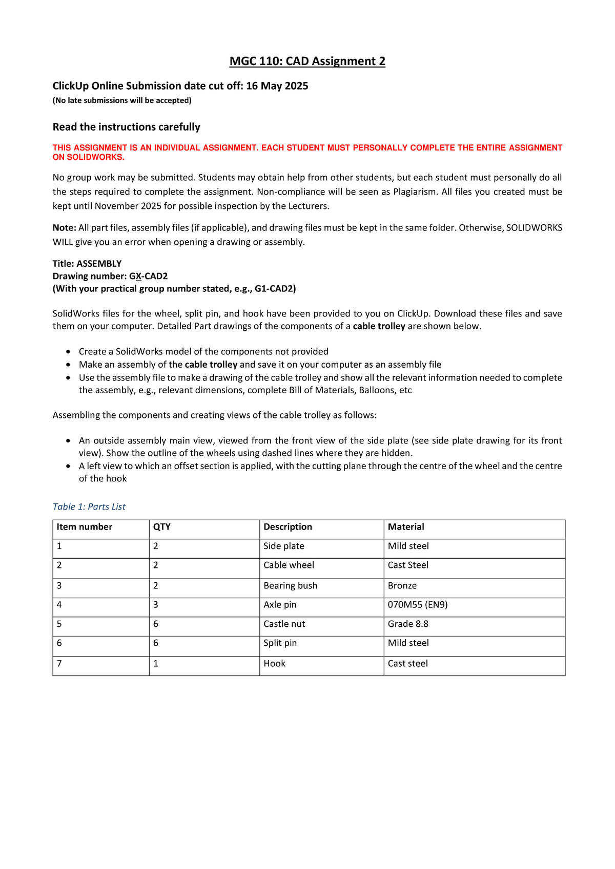 MGC 110: CAD Assignment 2 - SolidWorks Cable Trolley Assembly Guide ...
