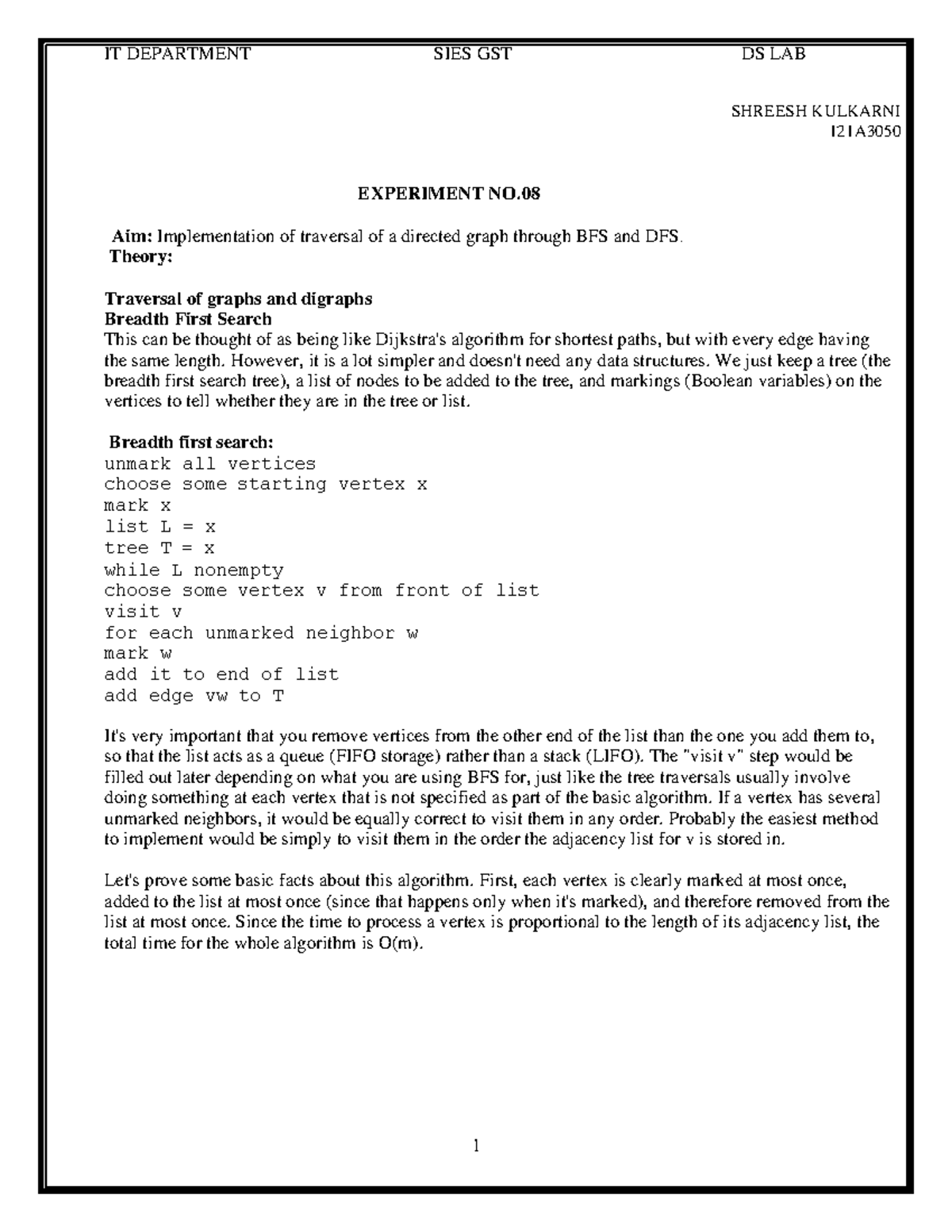 121A3050 DSA Lab Experiment 08: Graph Traversal via BFS & DFS - Studocu